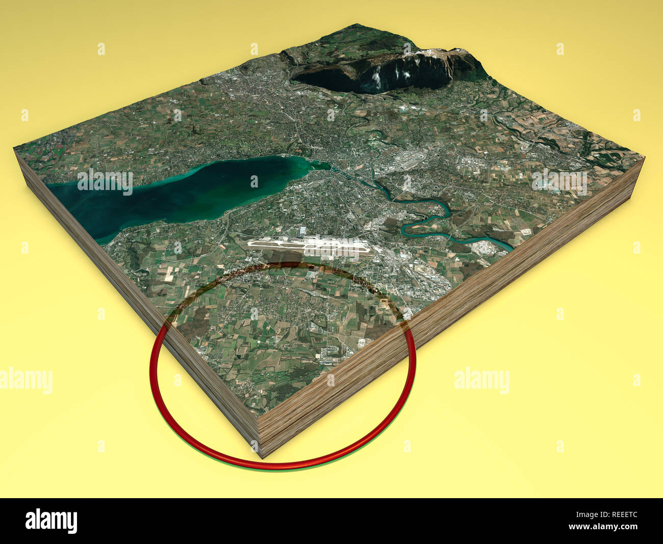 Satellite view 3d section of the terrain, map of Geneva and Cern ...