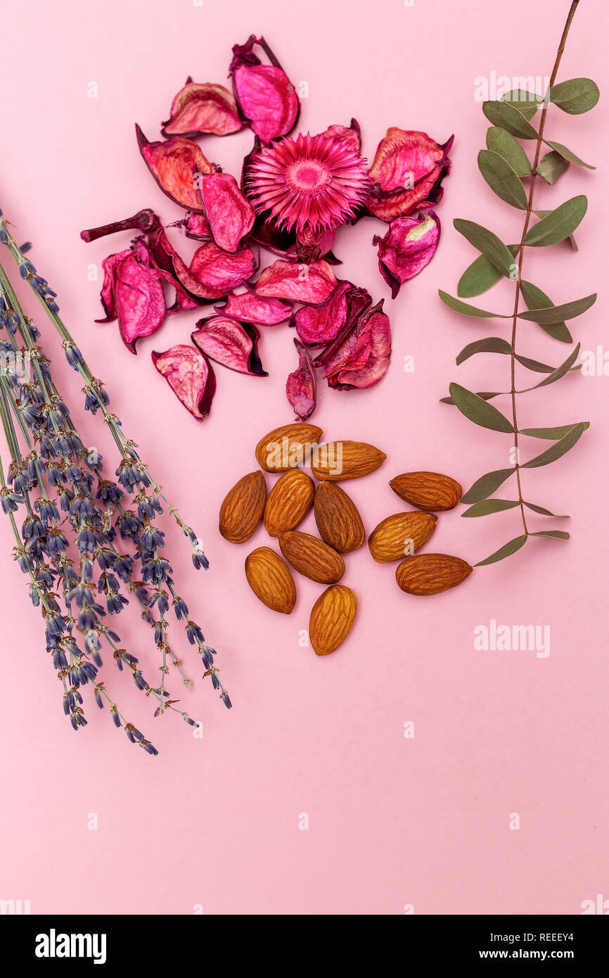 Organic Skincare Ingredients on pink background. Vertical Stock Photo ...