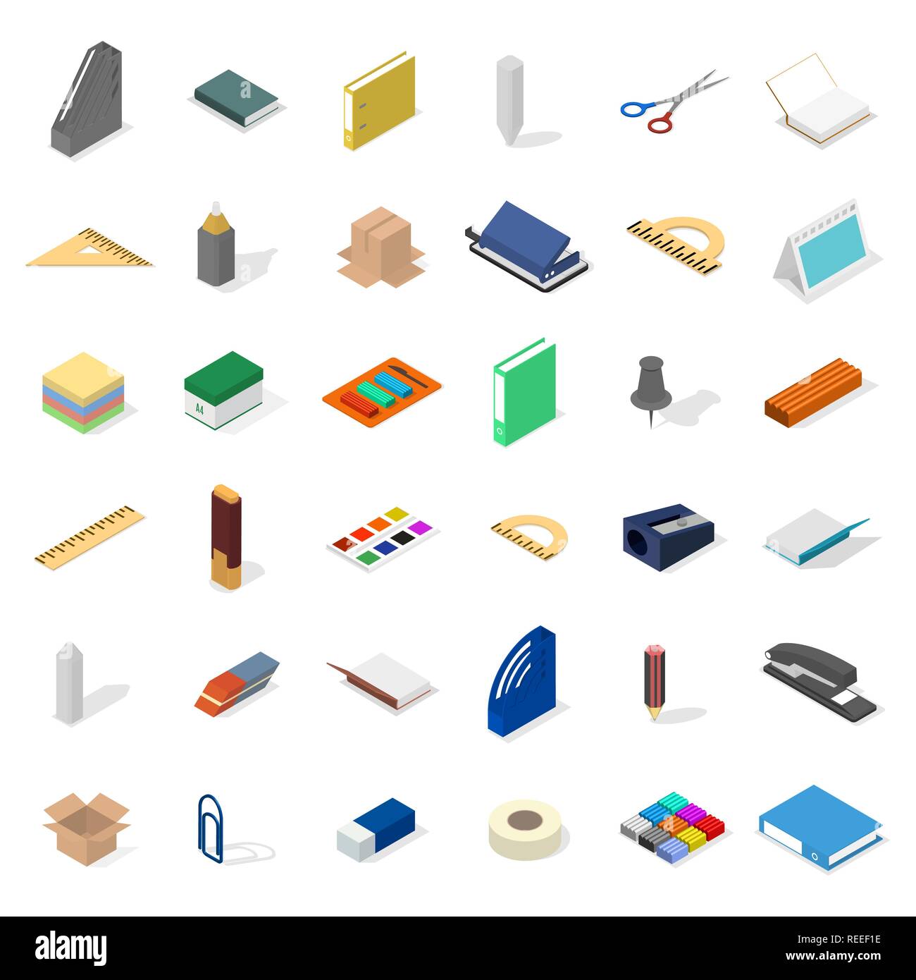 Set of icons isolated on white background, office and school. Flat 3d ...