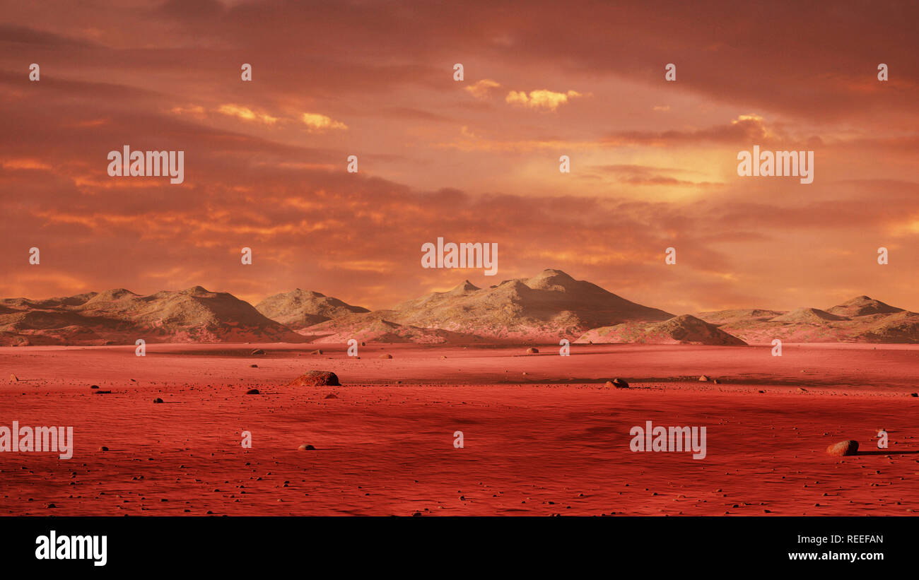 landscape on planet Mars, scenic desert surrounded by mountains on the ...