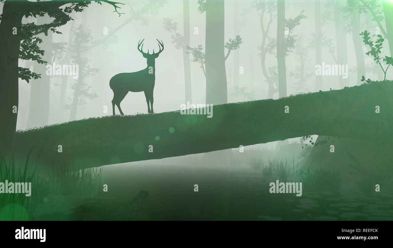 deer standing on fallen tree bridge, misty fantasy landscape Stock ...