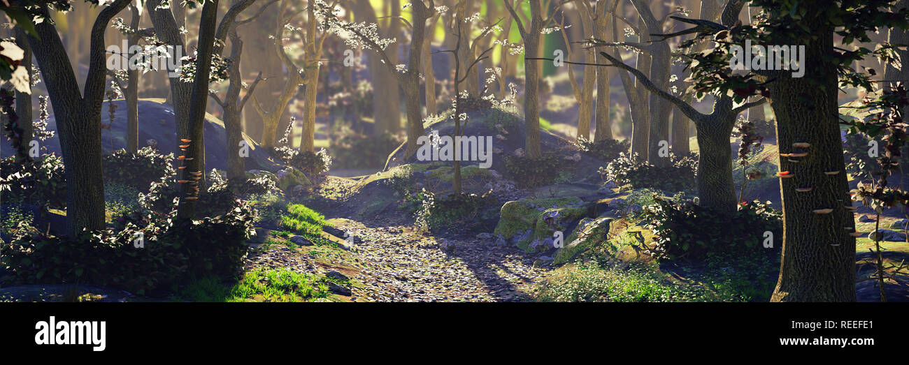 path through the woods, beautiful forest at sunrise, backlit fantasy ...