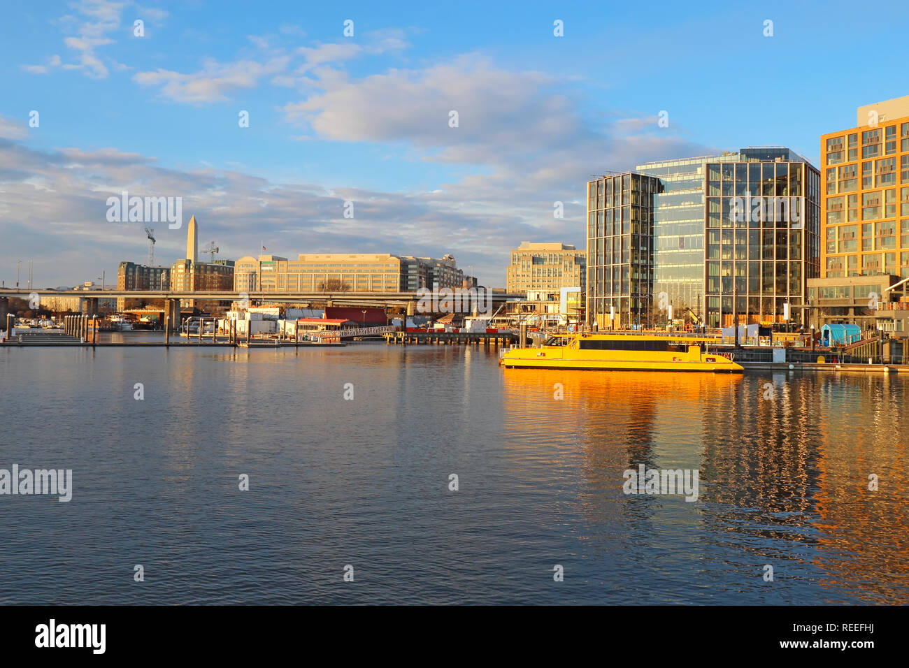 The Wharf, boat and skyline of buildings at the newly redeveloped ...