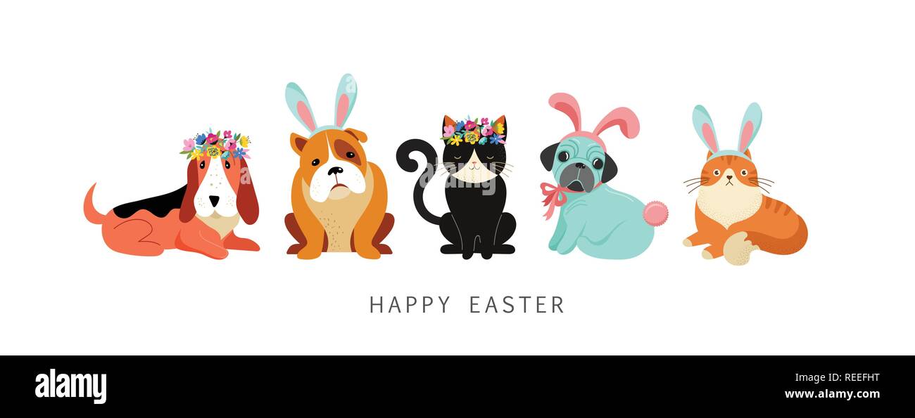 Happy Easter card, dogs and cats wearing bunny costumes, holding basket ...