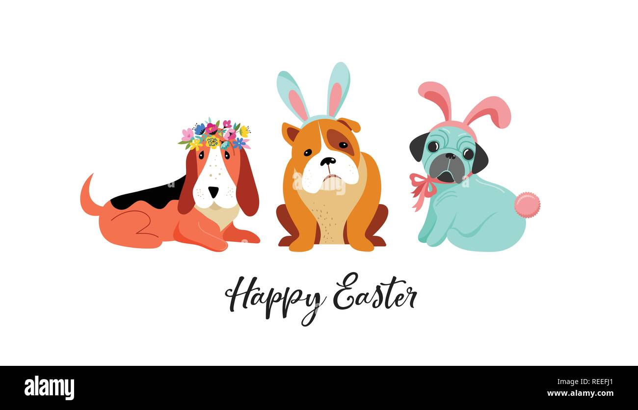 Happy Easter card, with dogs wearing bunny costumes Stock Vector Image ...