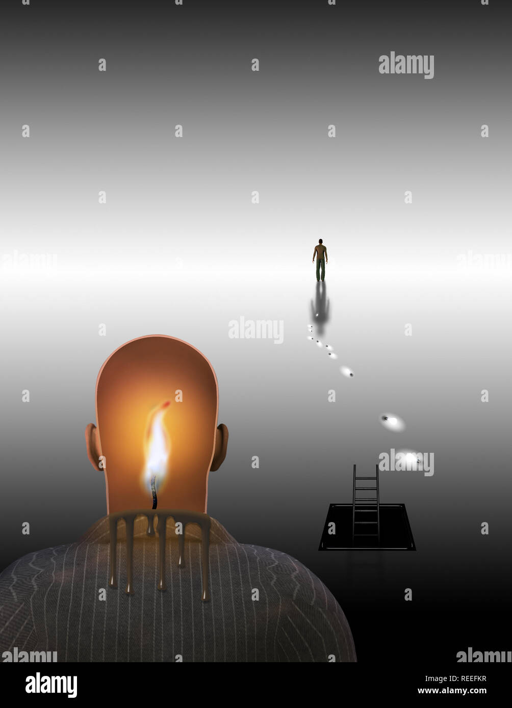 Surrealism. Melting candle in man's head. Figure of man in a distance ...