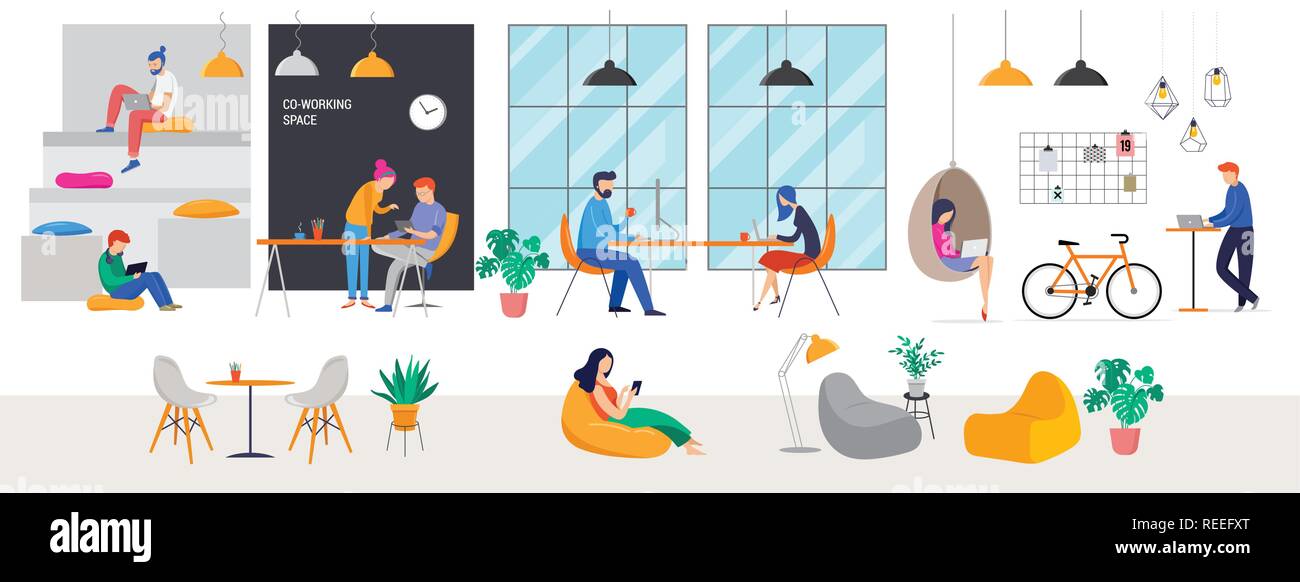 Co-working space, concept illustration. Young people working on laptops ...