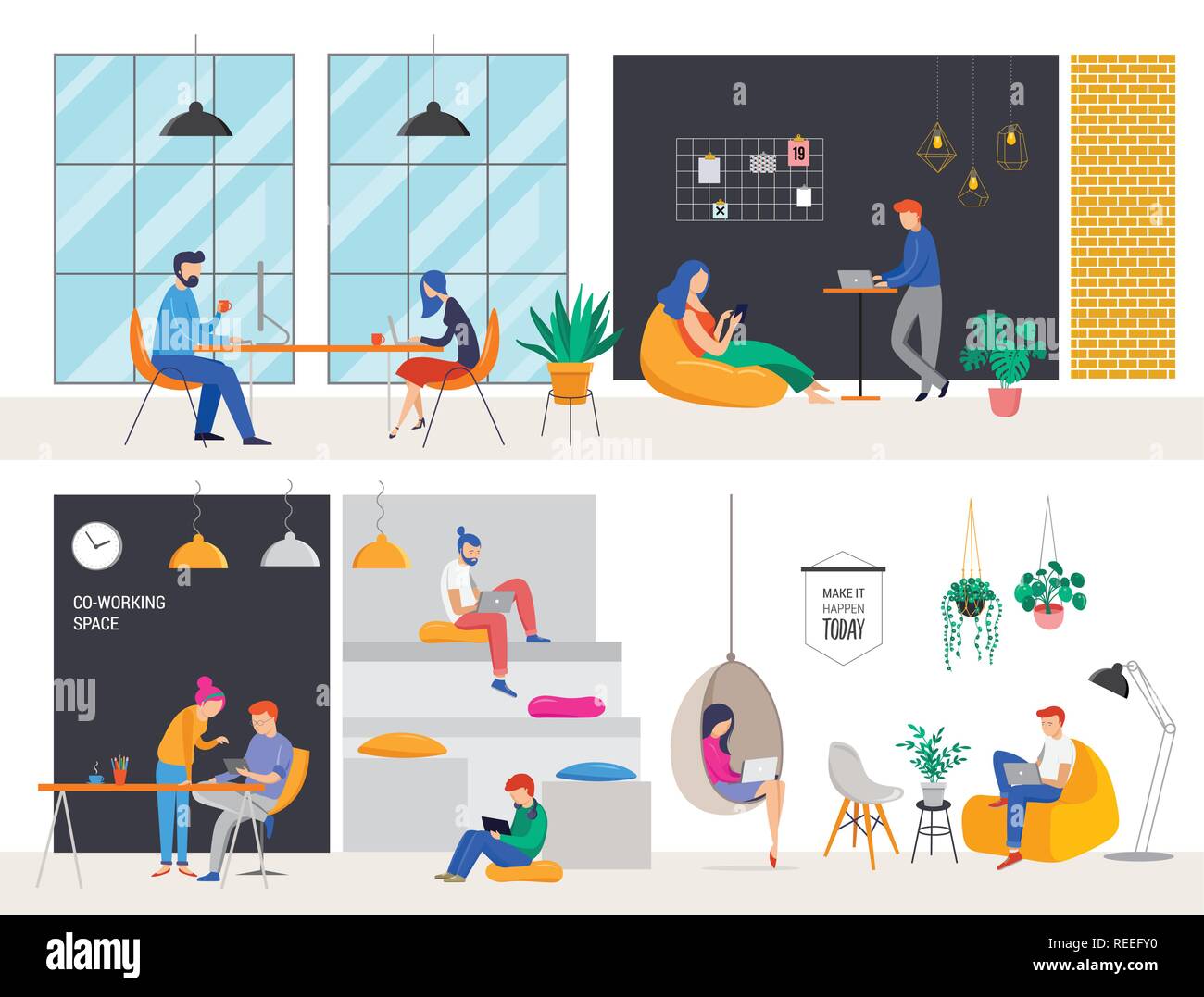 Co-working space, concept illustration. Young people working on laptops ...