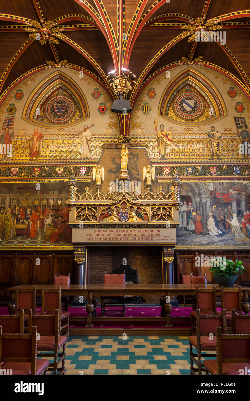 Interior of Bruges' city hall showing the Gothic hall with monumental ...