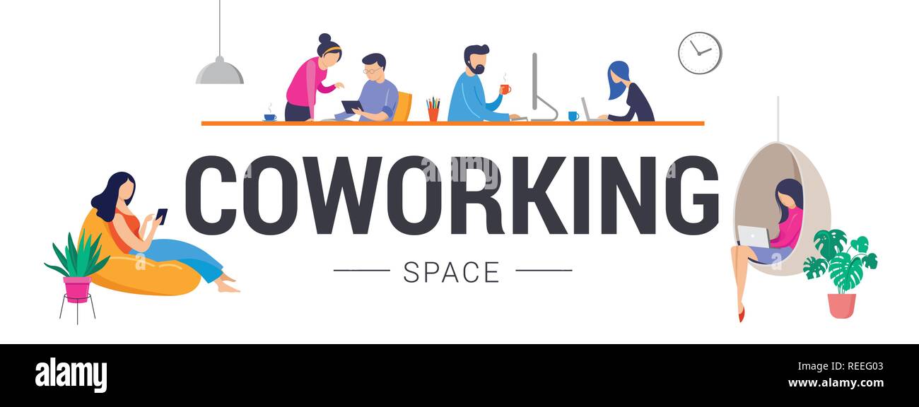 Co-working space, concept illustration. Young people working on laptops ...