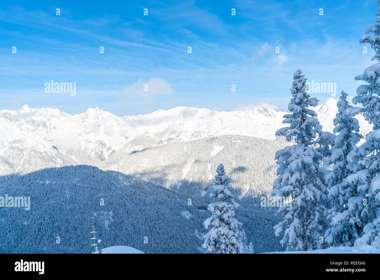 View of winter landscape with snow covered trees and Alps in Seefeld in ...