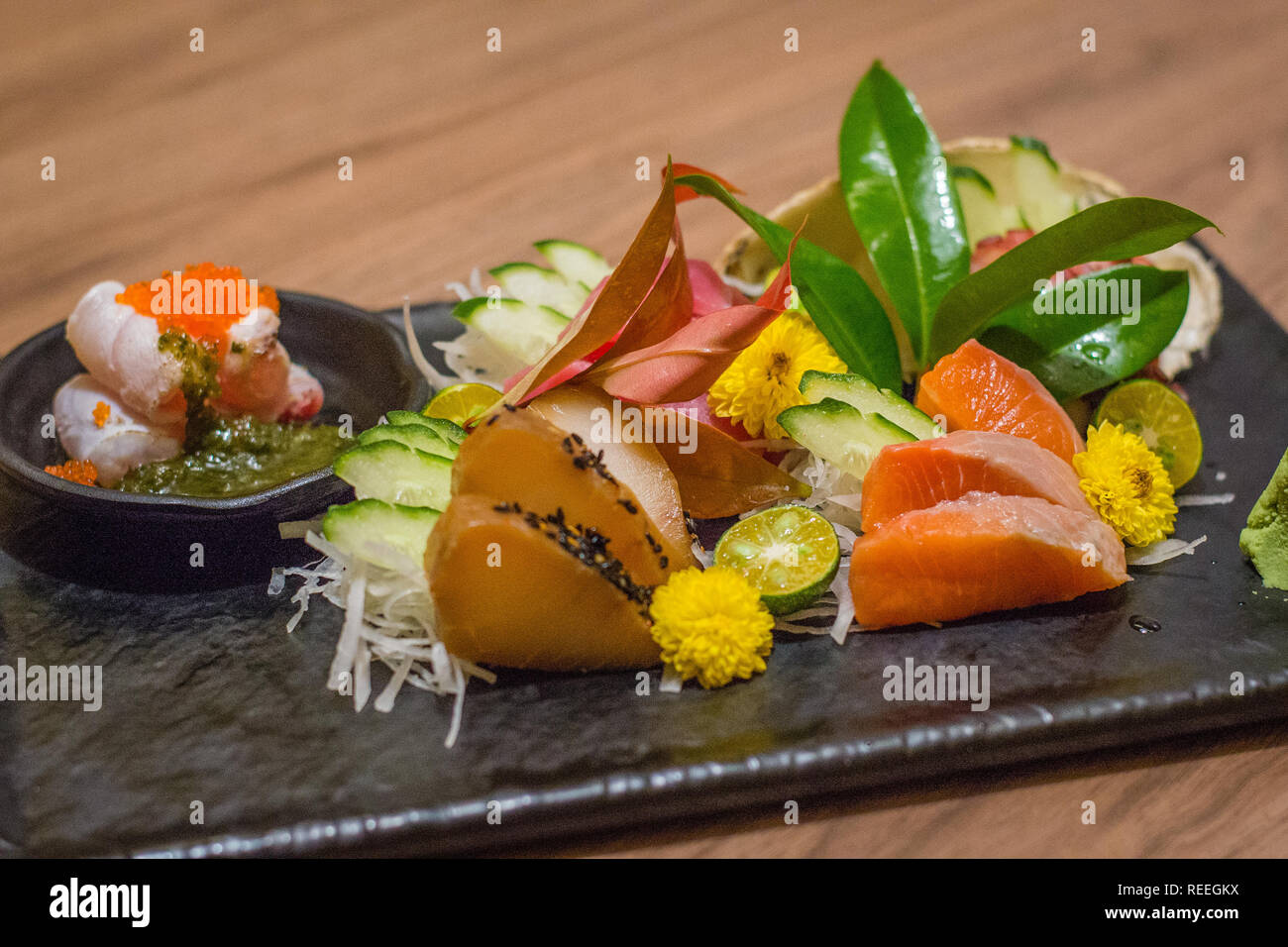 Sashimi Moriawase 5 types Salmon, maguro, tako, tai, shime saba Stock ...