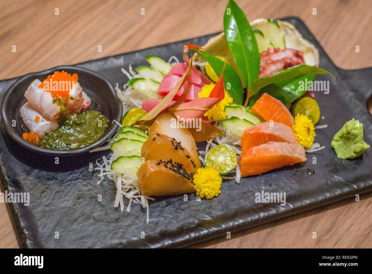 Sashimi Moriawase 5 types Salmon, maguro, tako, tai, shime saba Stock ...