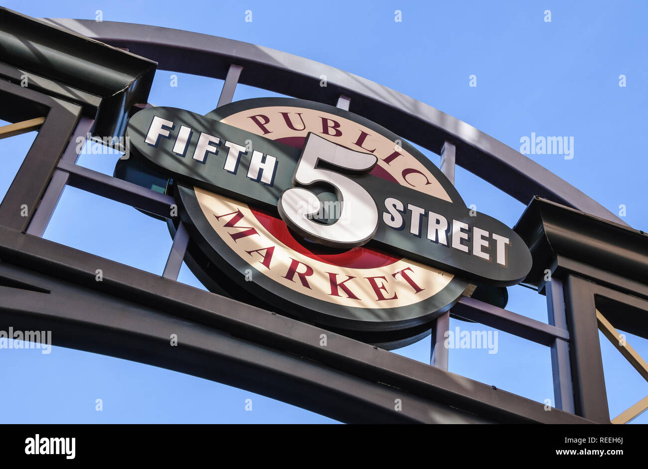 Fifth Street Public Market sign, downtown Eugene, Oregon Stock Photo ...