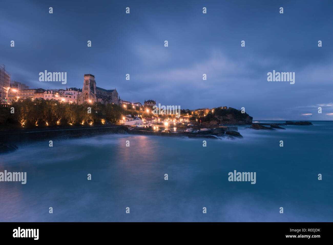 Biarritz coastline with the moving sea hitting the capital of the ...