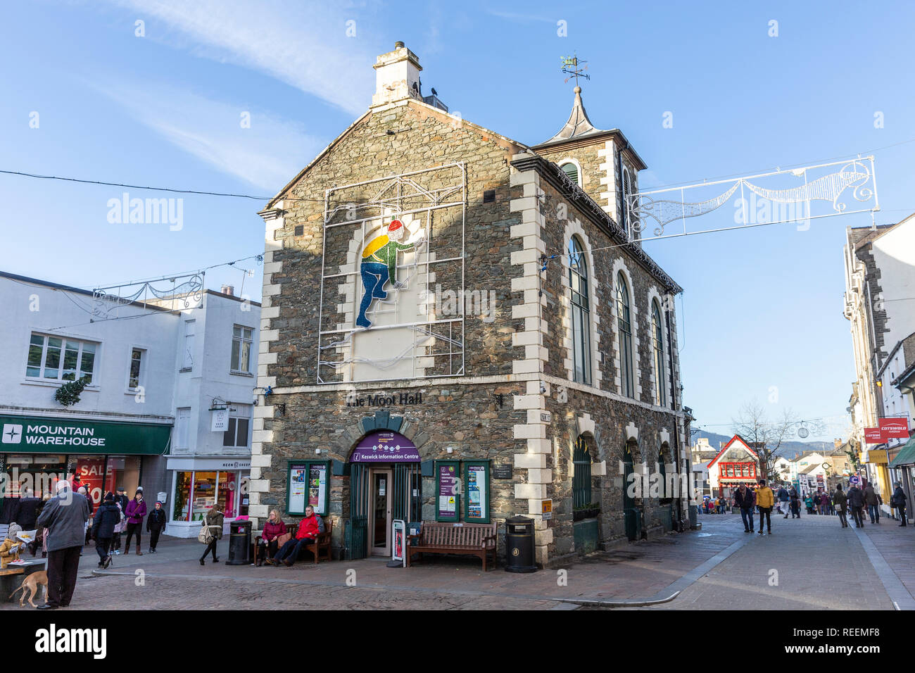 Keswick, a market town in the Lake District with the moot hall and ...