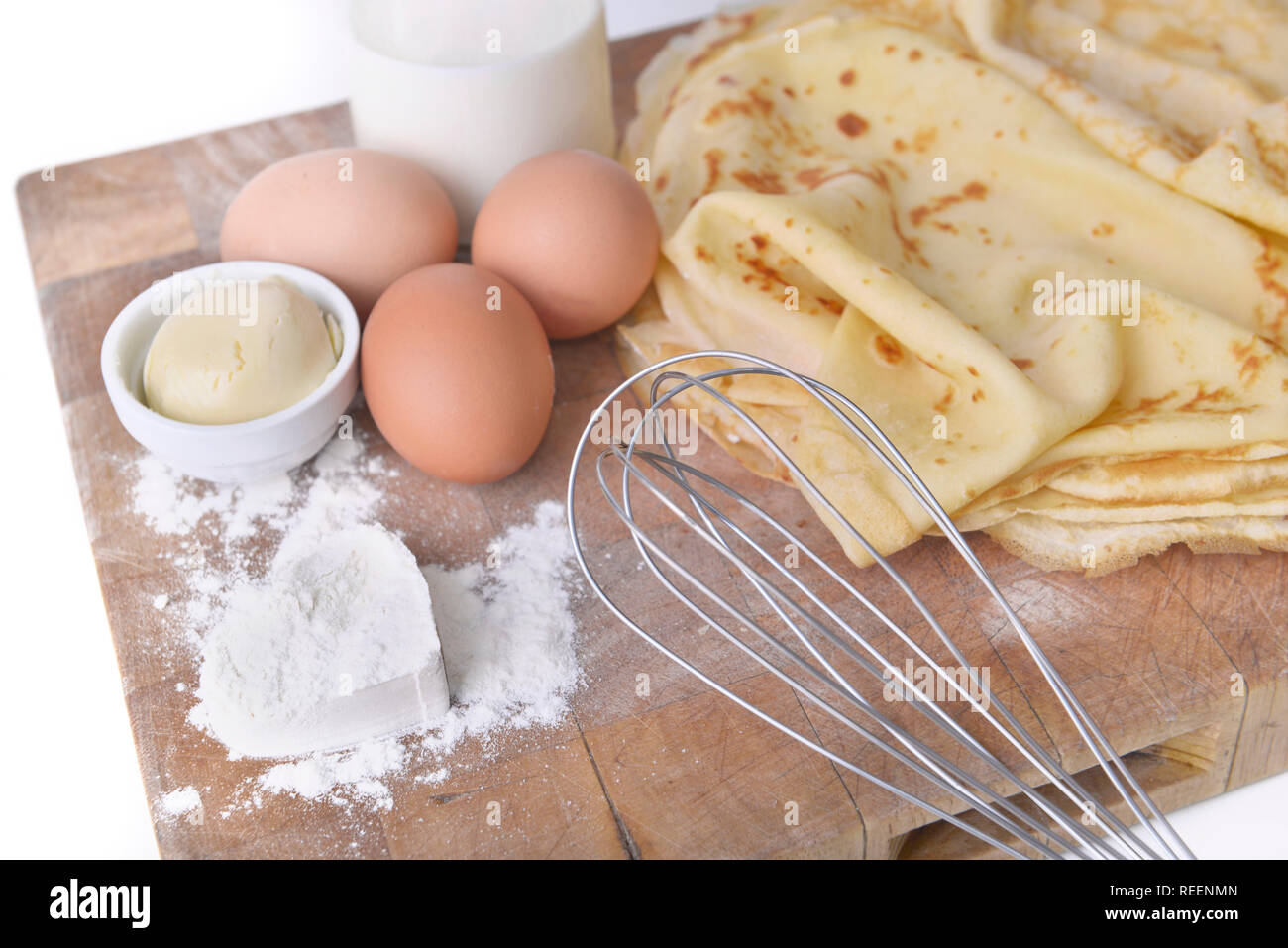 homemade french pancakes with ingredient and heart shaped in the flour ...