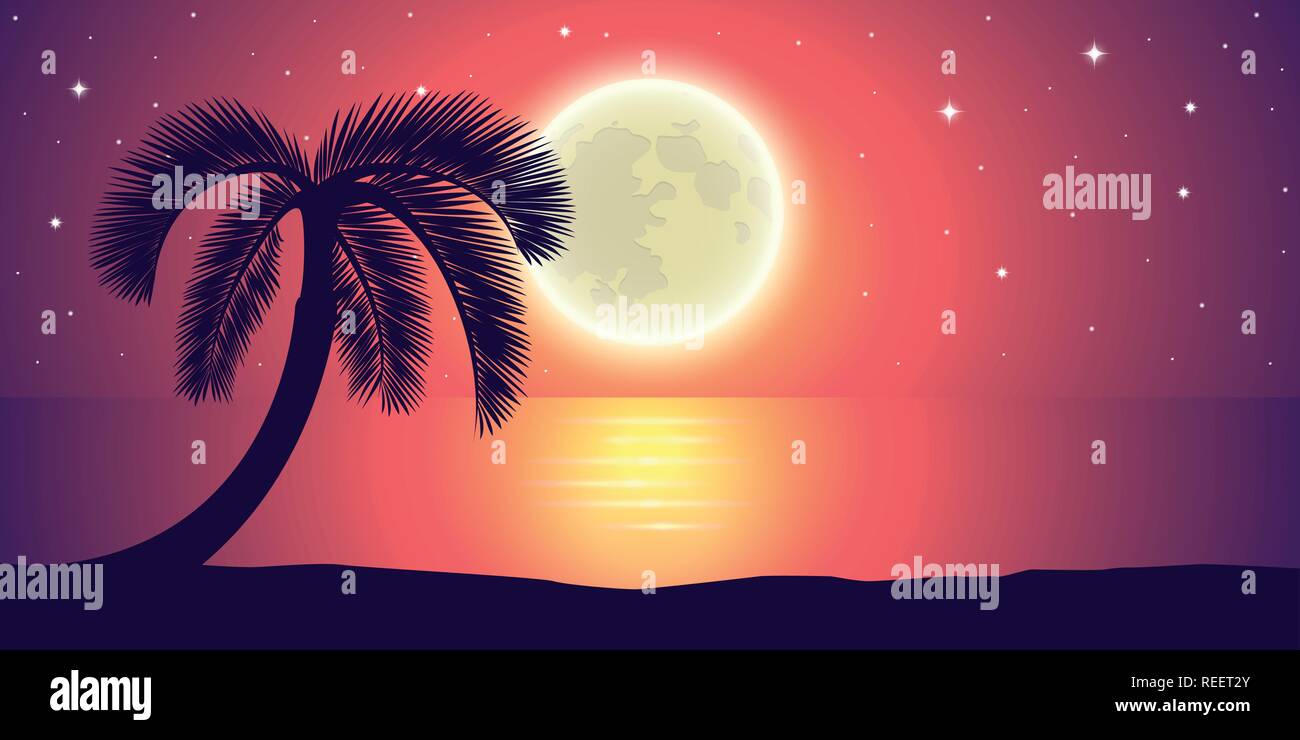romantic night full moon by the sea with palm tree landscape vector ...