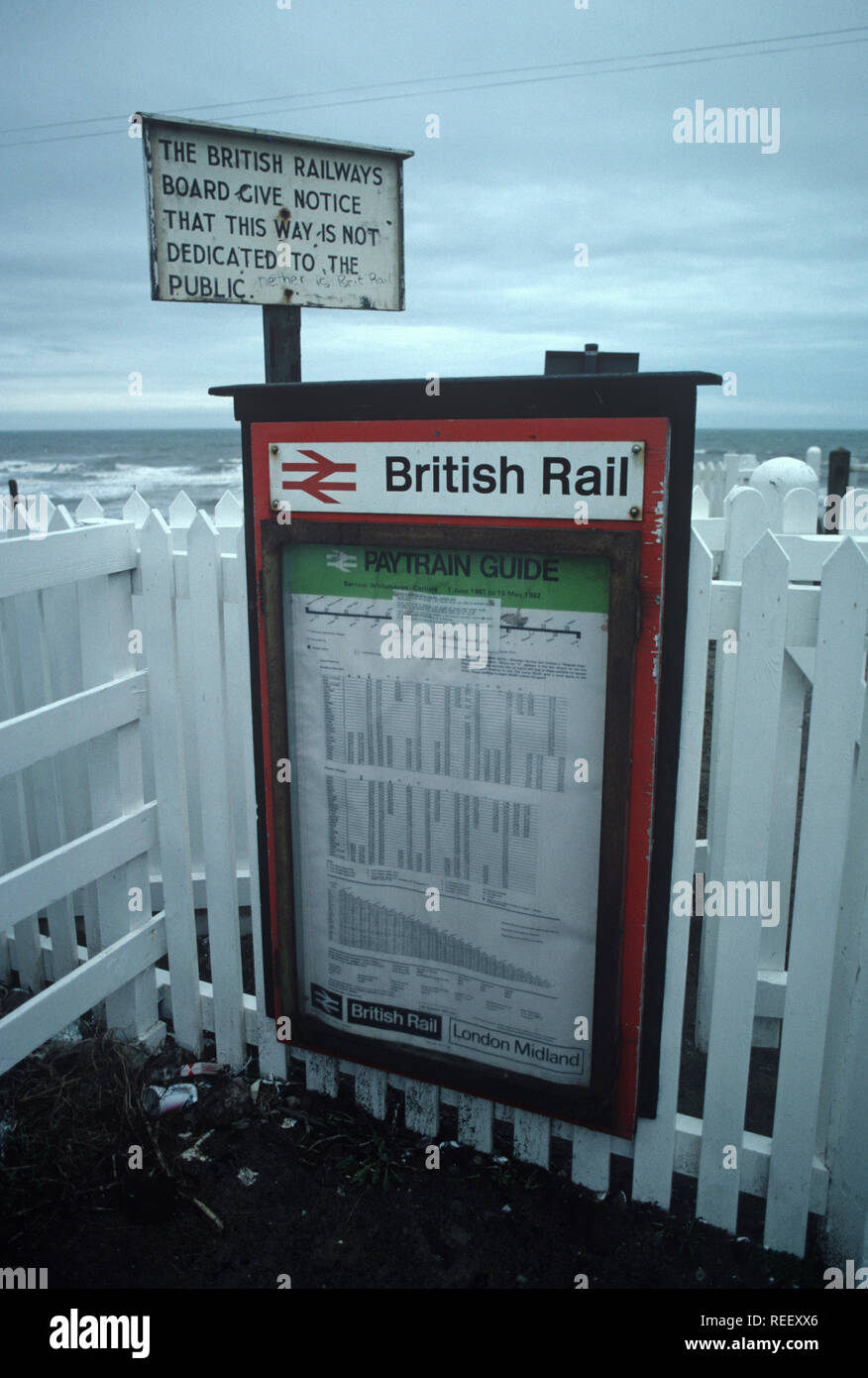 Timetable at the British Rail Braystones railway station on the ...