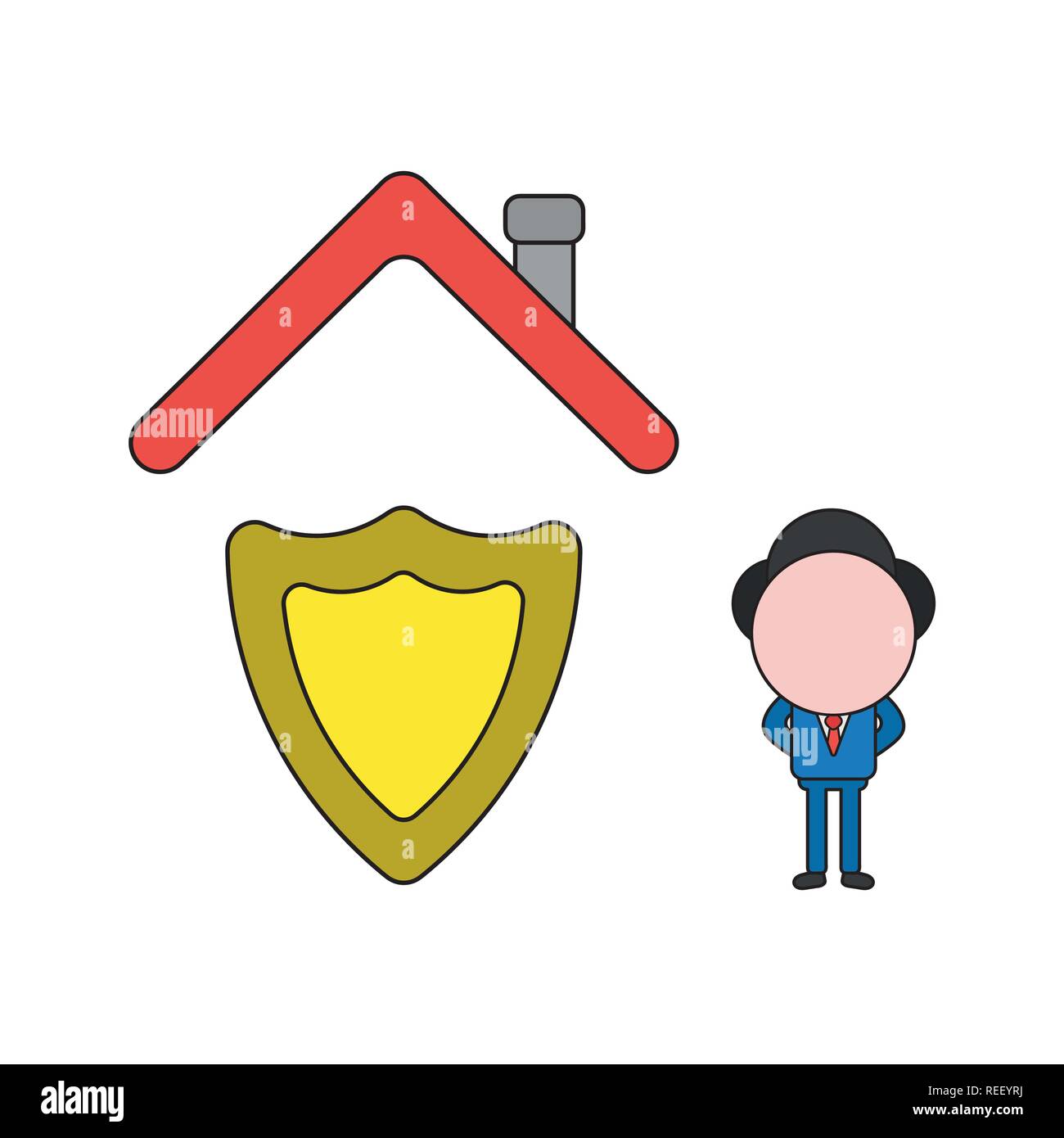 Vector illustration businessman character with guard shield under house ...