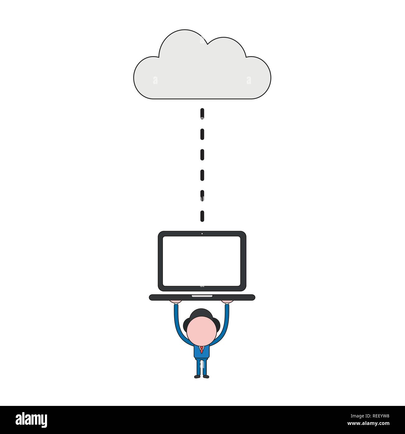 Vector illustration businessman character holding up laptop computer ...