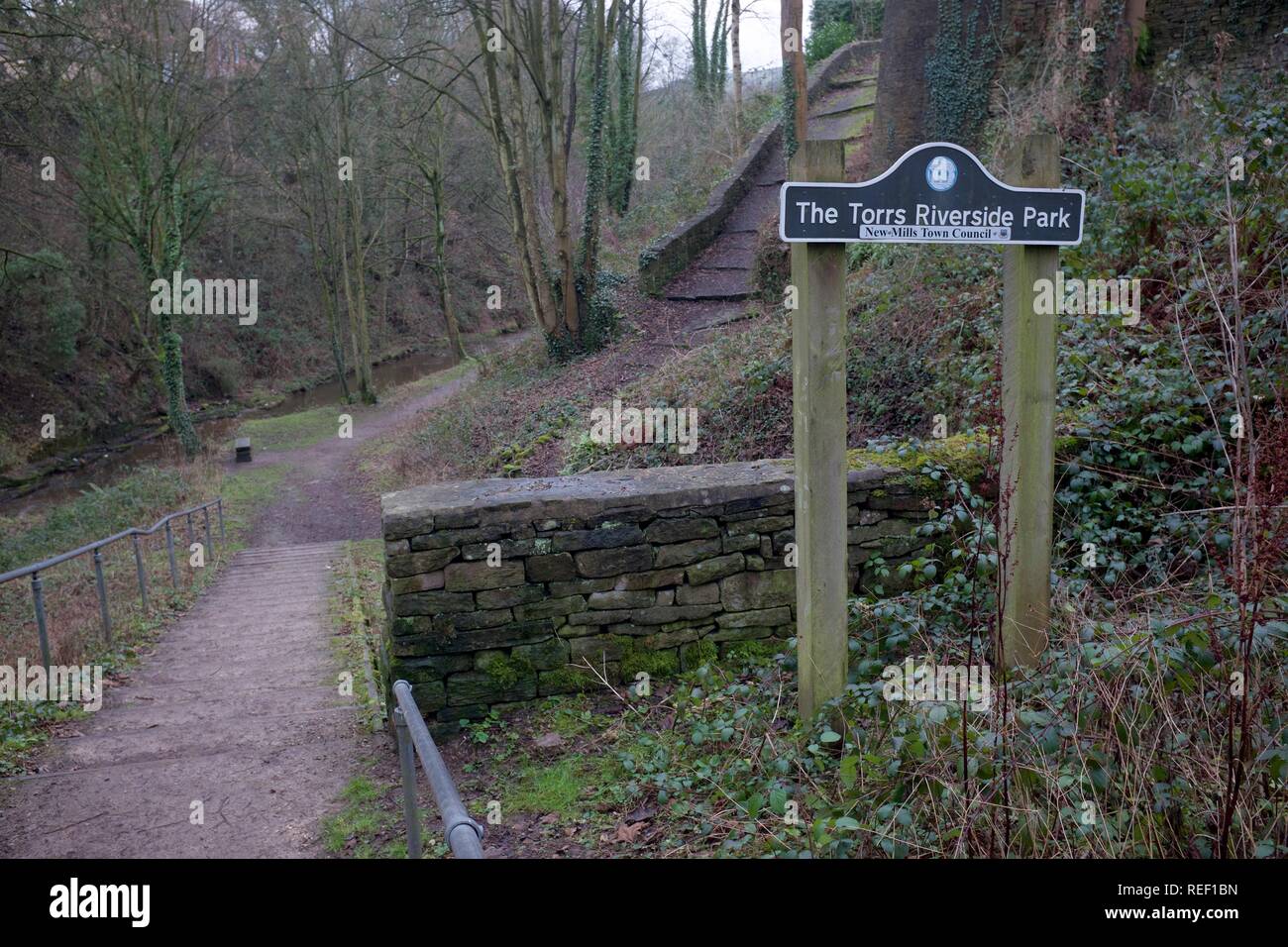 A notice at the entry to The Torrs Riverside Park in New Mills ...