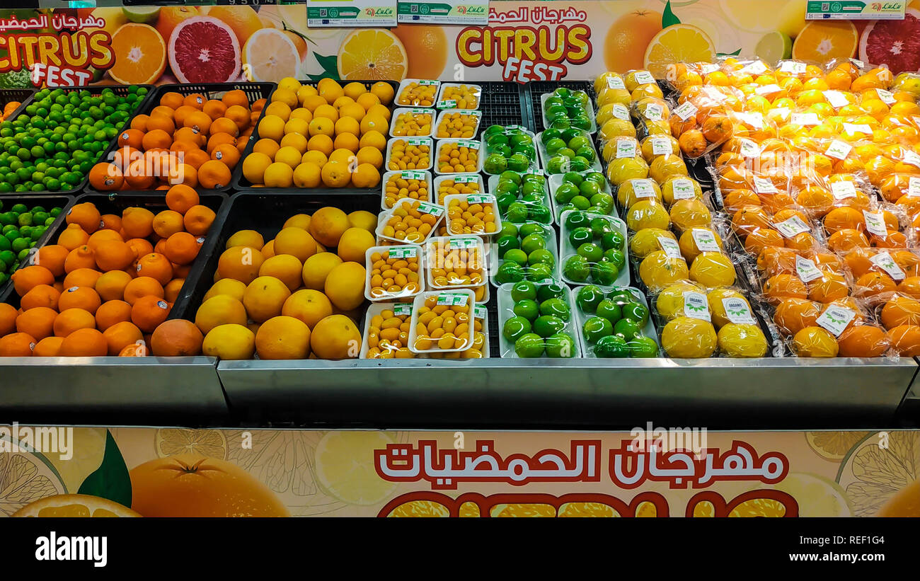 Various verity and colorful fresh bunch of citrus stacked to display ...