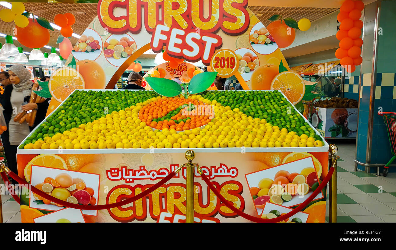 Various verity and colorful fresh bunch of citrus stacked to display ...