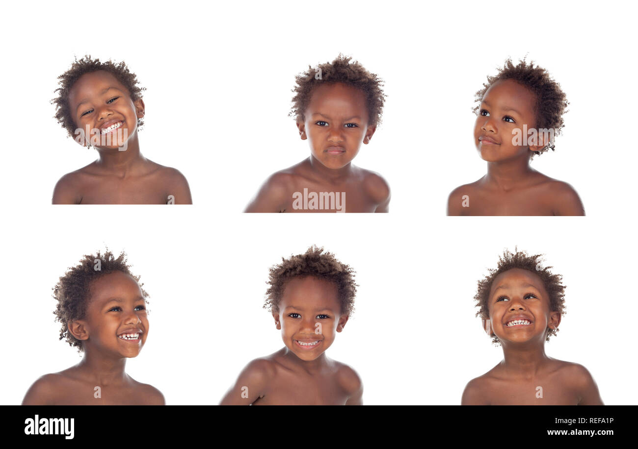 African child with different expressions isolated on a white background ...