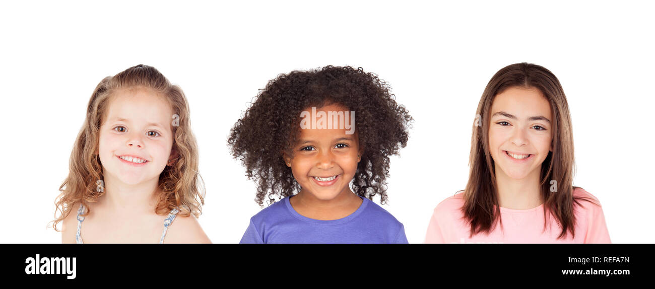 Three smiling children isolated on a white background Stock Photo - Alamy