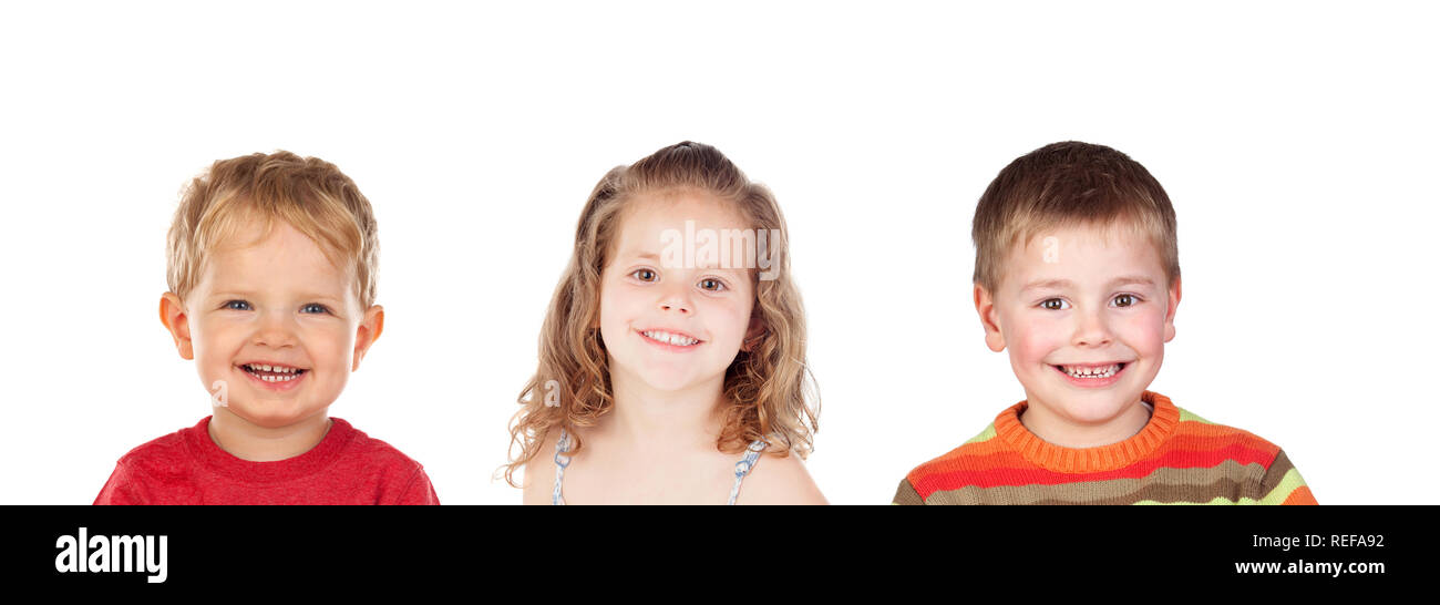 Three smiling children isolated on a white background Stock Photo - Alamy