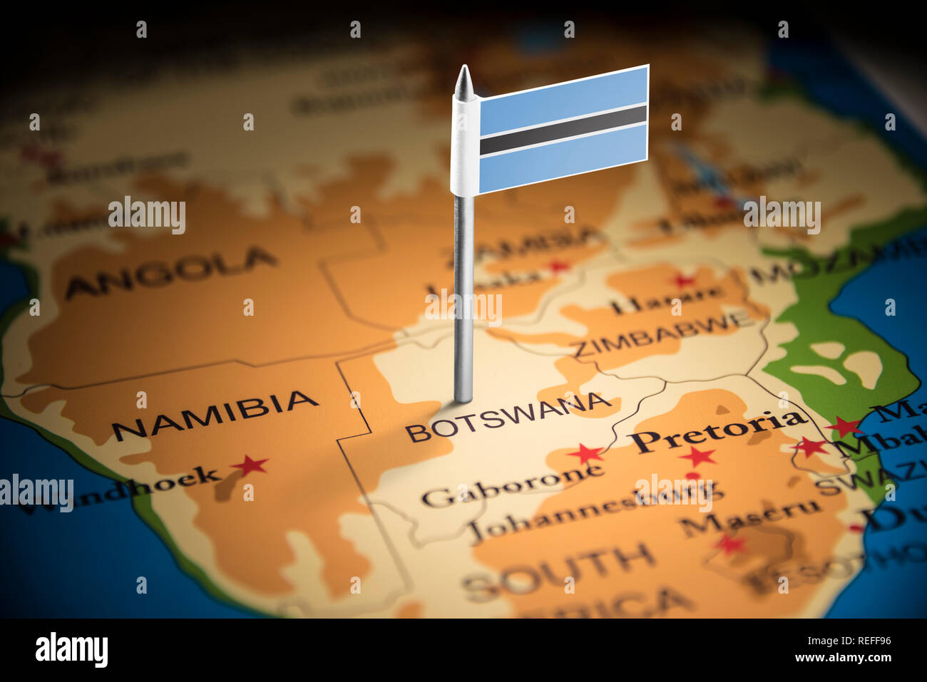 Botswana marked with a flag on the map Stock Photo - Alamy