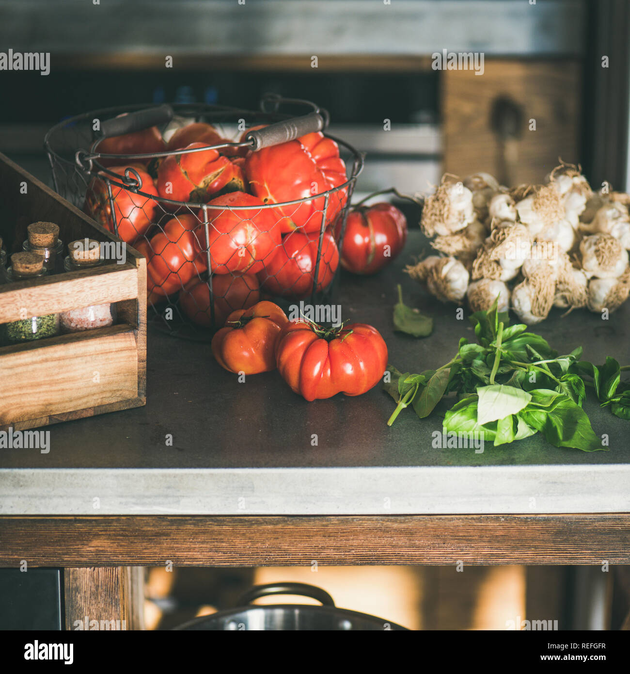 Kitchen counter with ingredients for cooking, square crop Stock Photo ...
