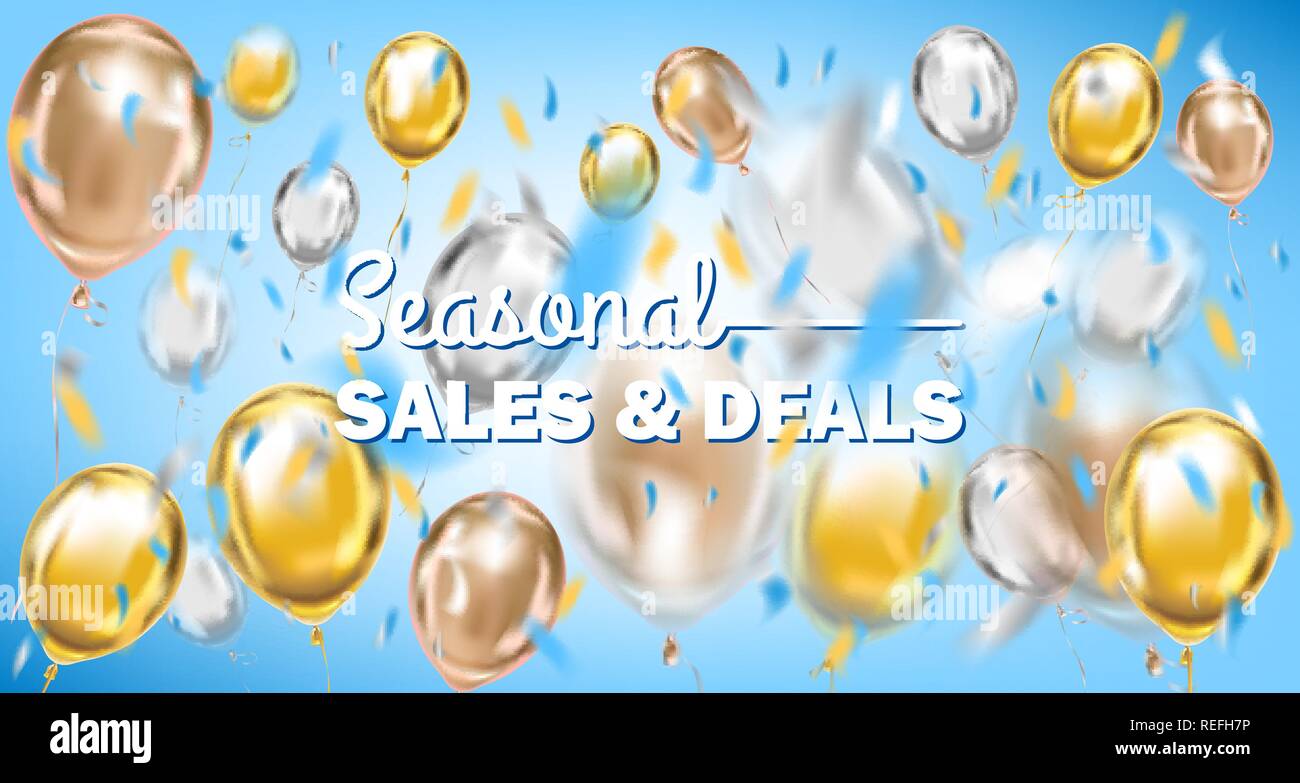 Seasonal sales and deals banner with gold metallic balloons and foil ...