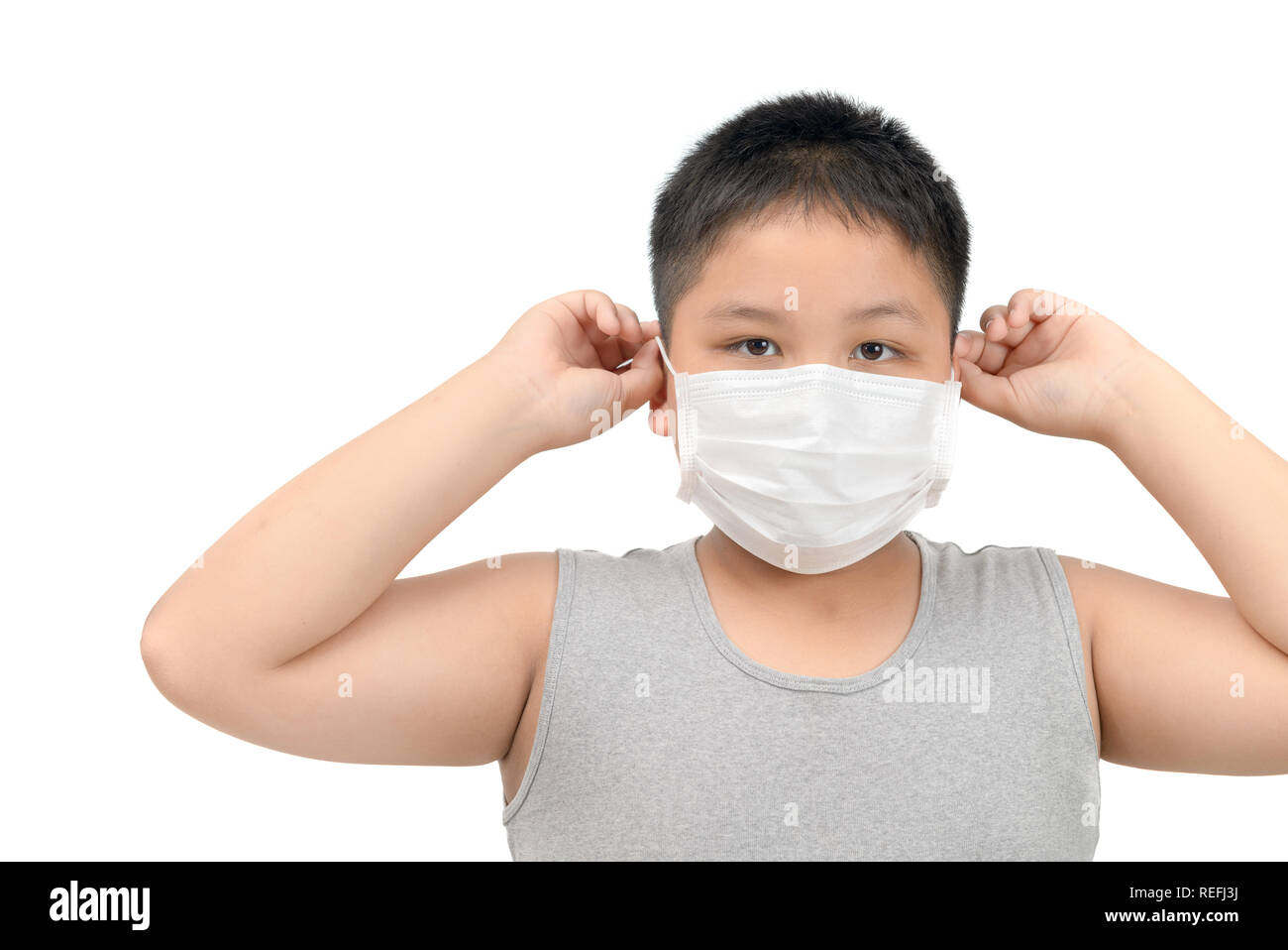 Obese fat boy wearing protective mask to protect pollution and the flu ...