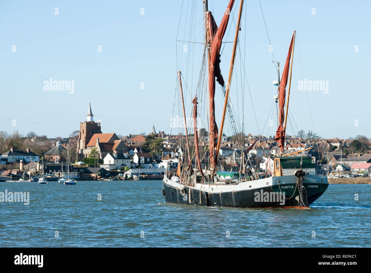view of Maldon hythe , church and Thames barge from the promenade Stock ...