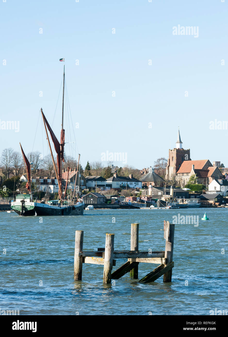 view of Maldon hythe , church and Thames barge from the promenade Stock ...