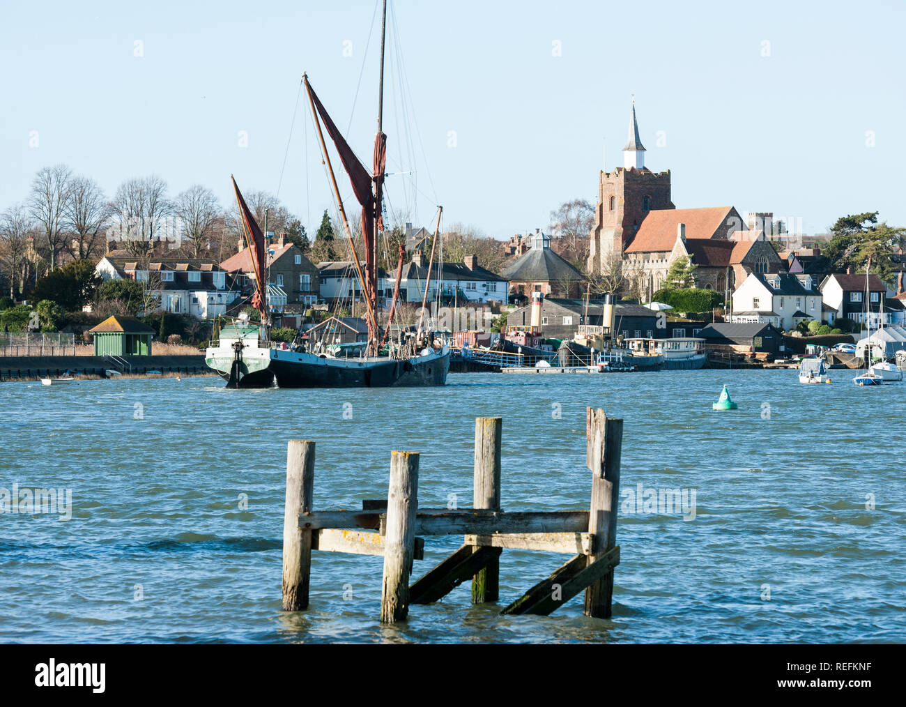 view of Maldon hythe , church and Thames barge from the promenade Stock ...