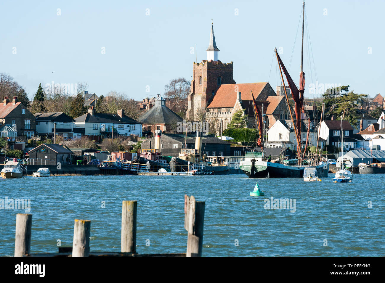 view of Maldon hythe , church and Thames barge from the promenade Stock ...