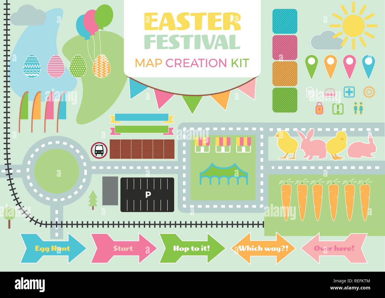 Easter Festival Egg Hunt Spring Map Sign Creation Kit Set Stock Vector ...