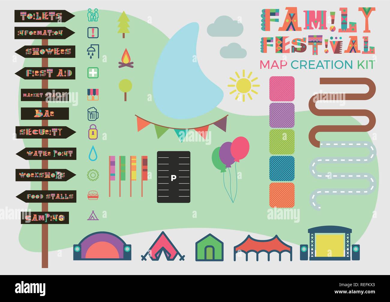 Festival map building kit including signage, roads, stages, area fills ...