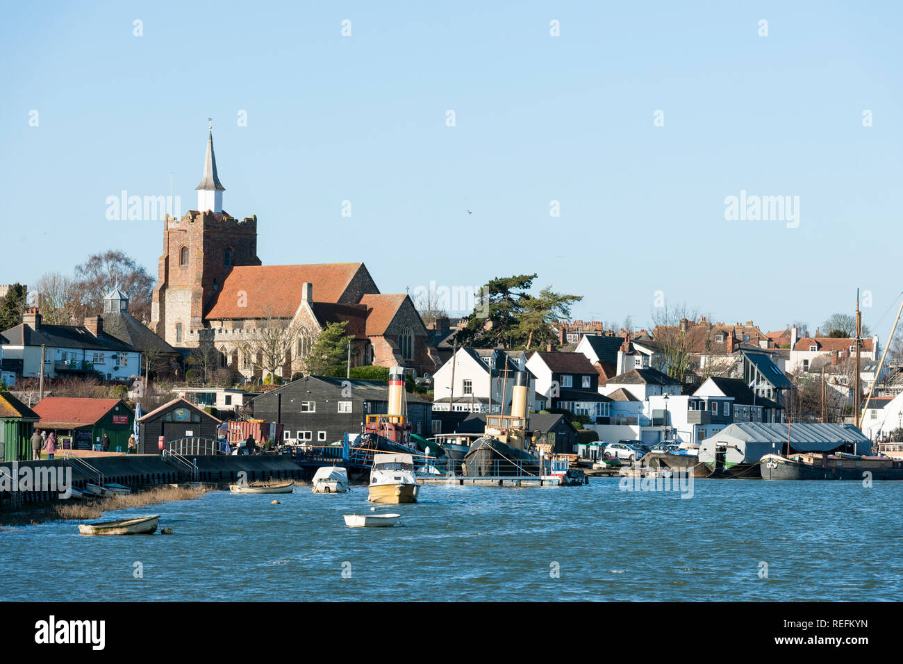 view of Maldon hythe , church and Thames barge from the promenade Stock ...