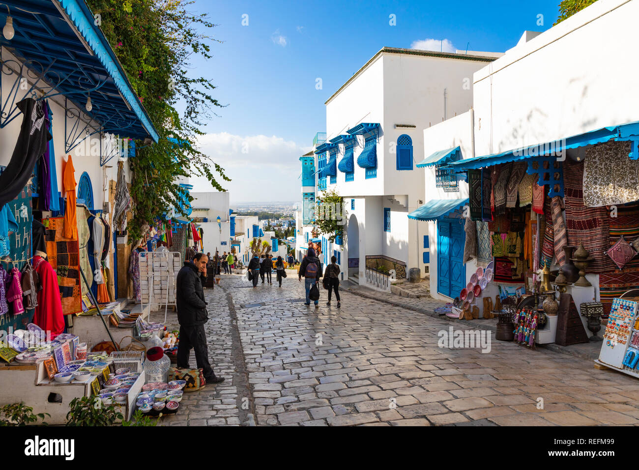 SIDI BOU SAID, TUNISIA - DECEMBER 11, 2018: Cityscape with typical ...