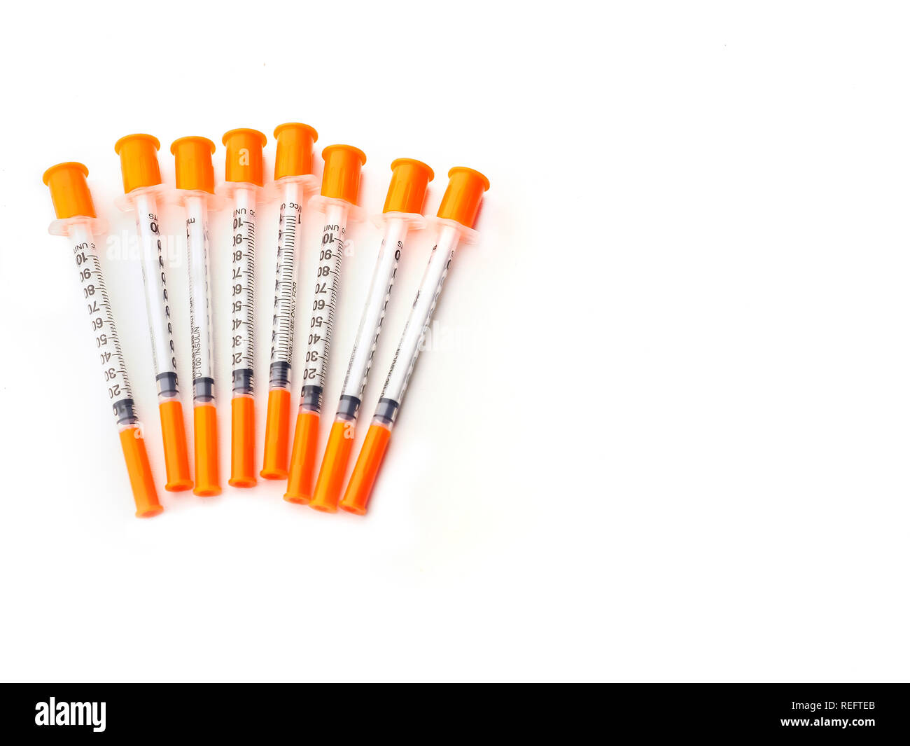 Several insulin syringes for for injection white isolated background ...