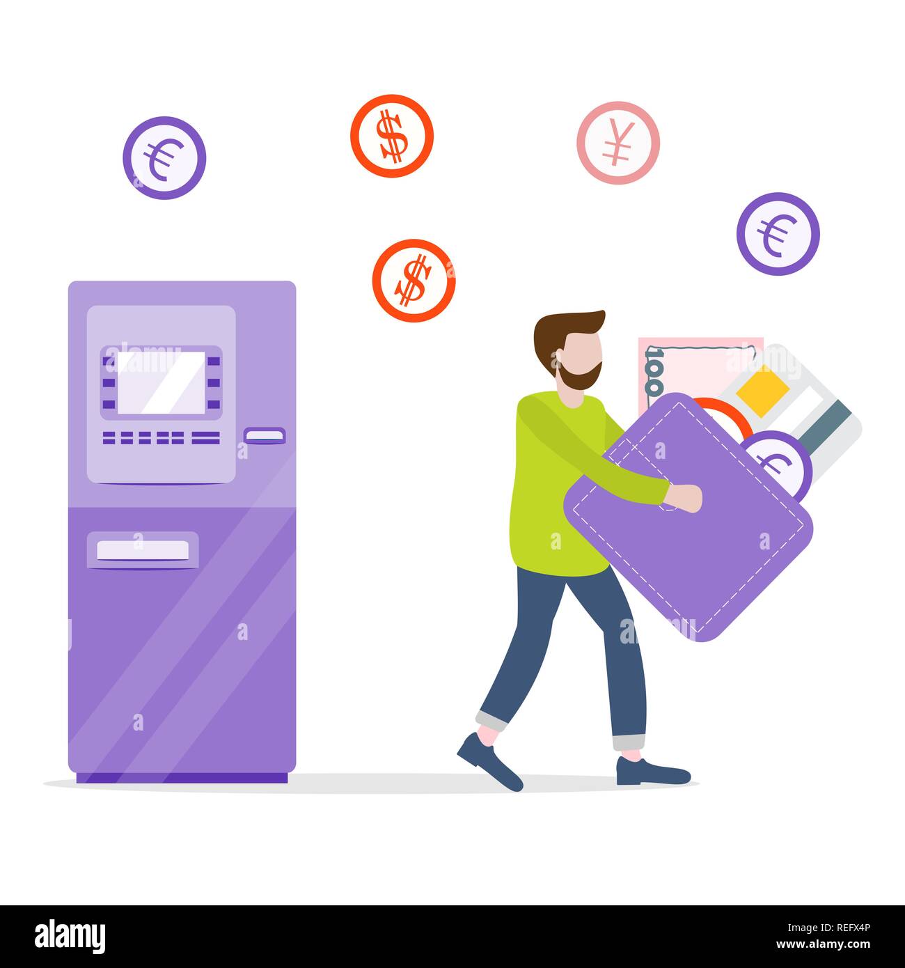 Vector illustration with man goes from ATM or automatic teller machine ...