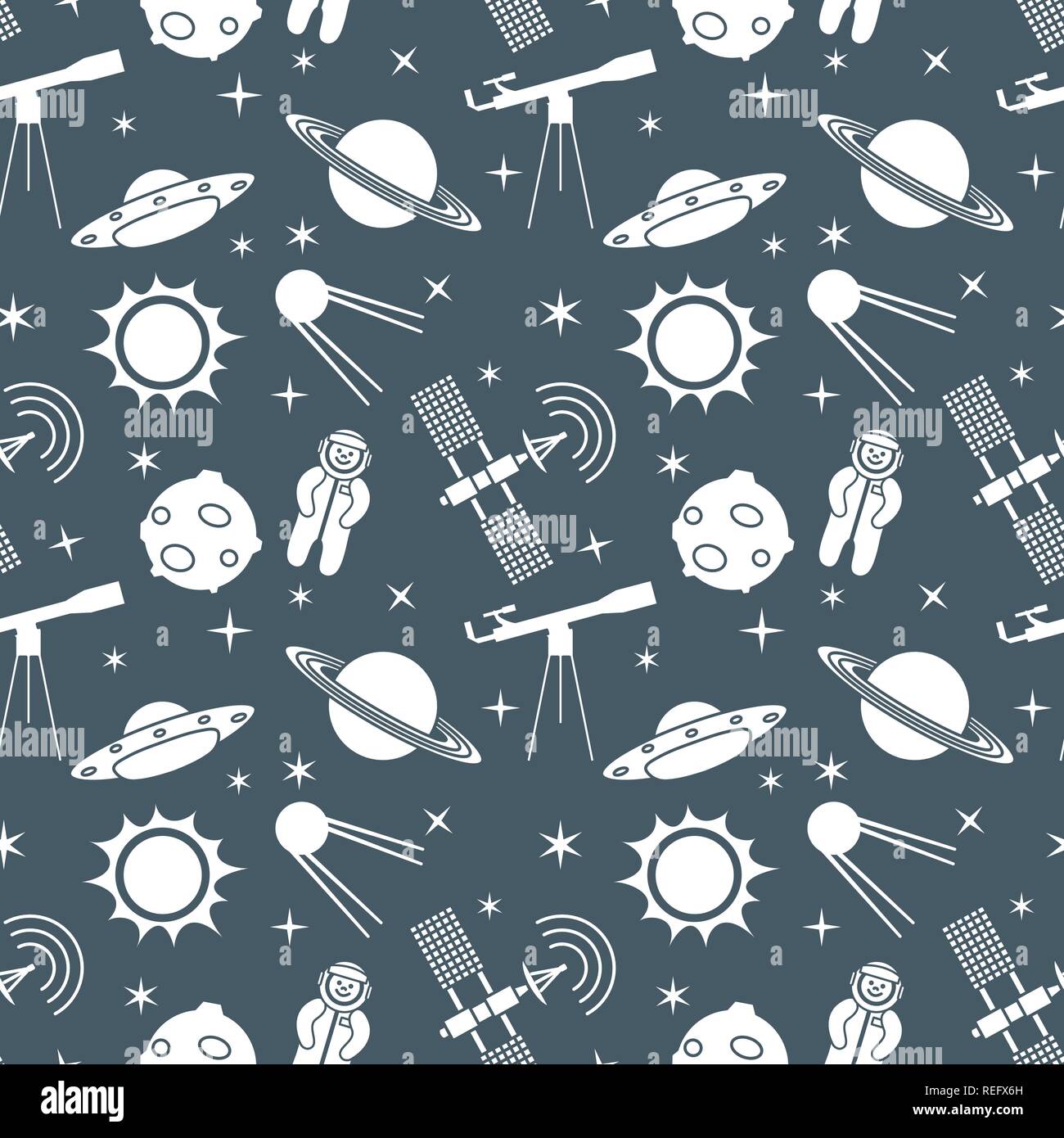 Seamless pattern with telescope, UFO, satellite, planets, astronaut ...