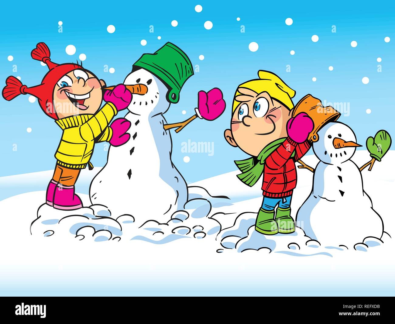 The illustration shows a boy and girl who make a snowman. Illustration ...