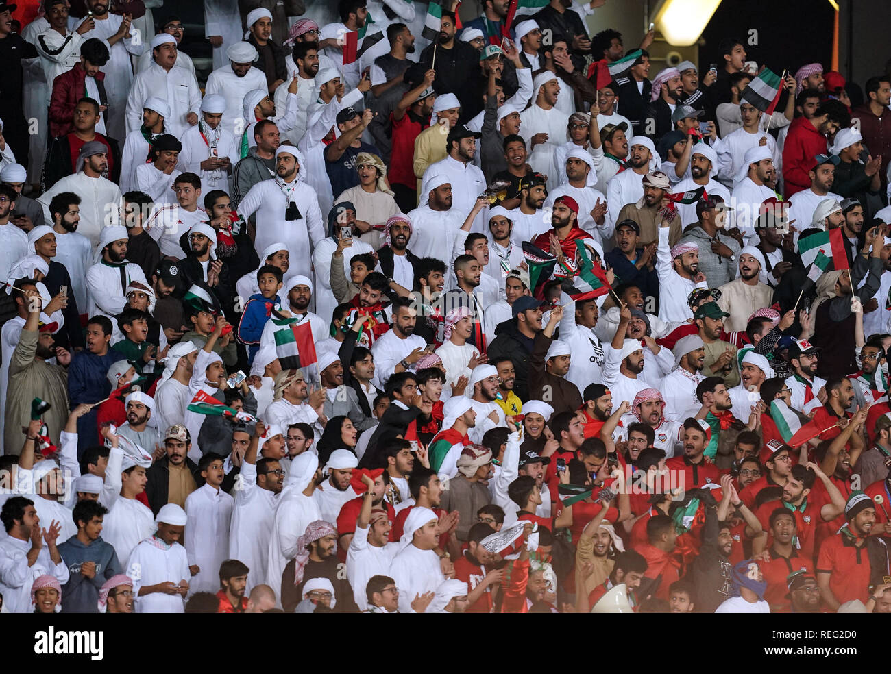 Abu Dhabi, UAE. 21st January 2019. UAE fans celebrating scoring to 1-0 ...