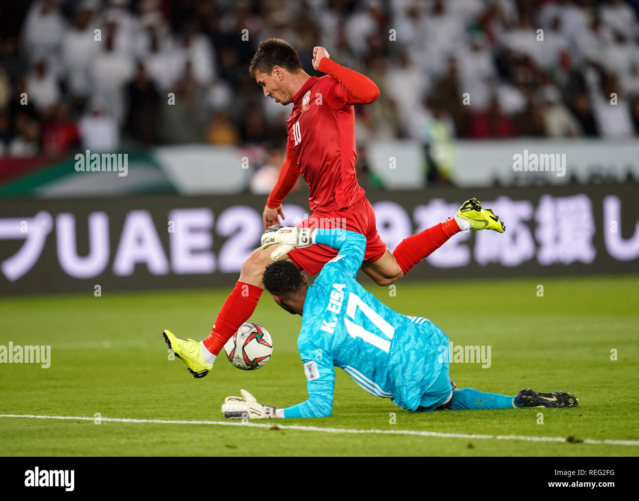 Abu Dhabi, UAE. 21st January 2019. Mirlan Murzaev of Kyrgyzstan going ...