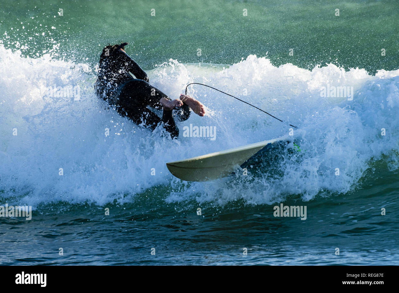 Kamakura, Japan. 5th Jan, 2019. A surfer bails out of a wave board at ...